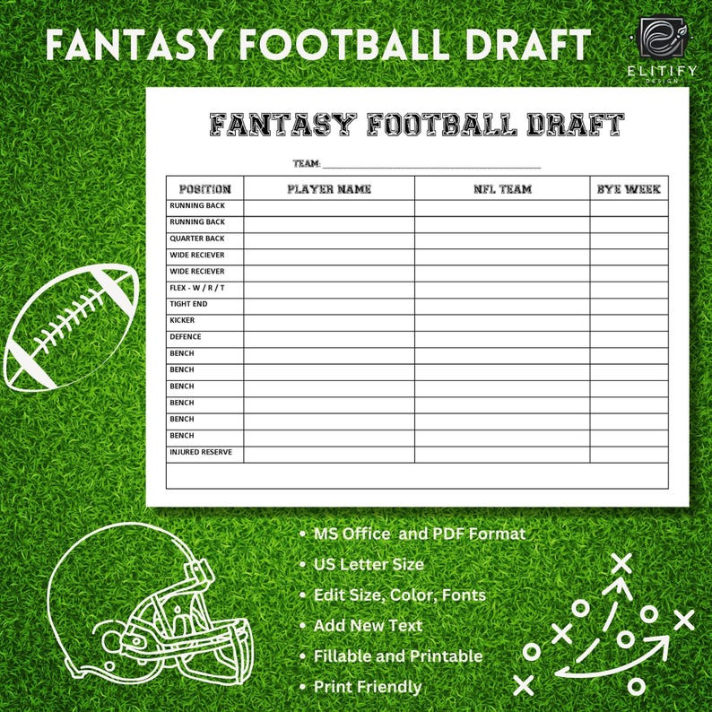 Fantasy Football Draft Board Template - Fillable, Editable, Printable ...