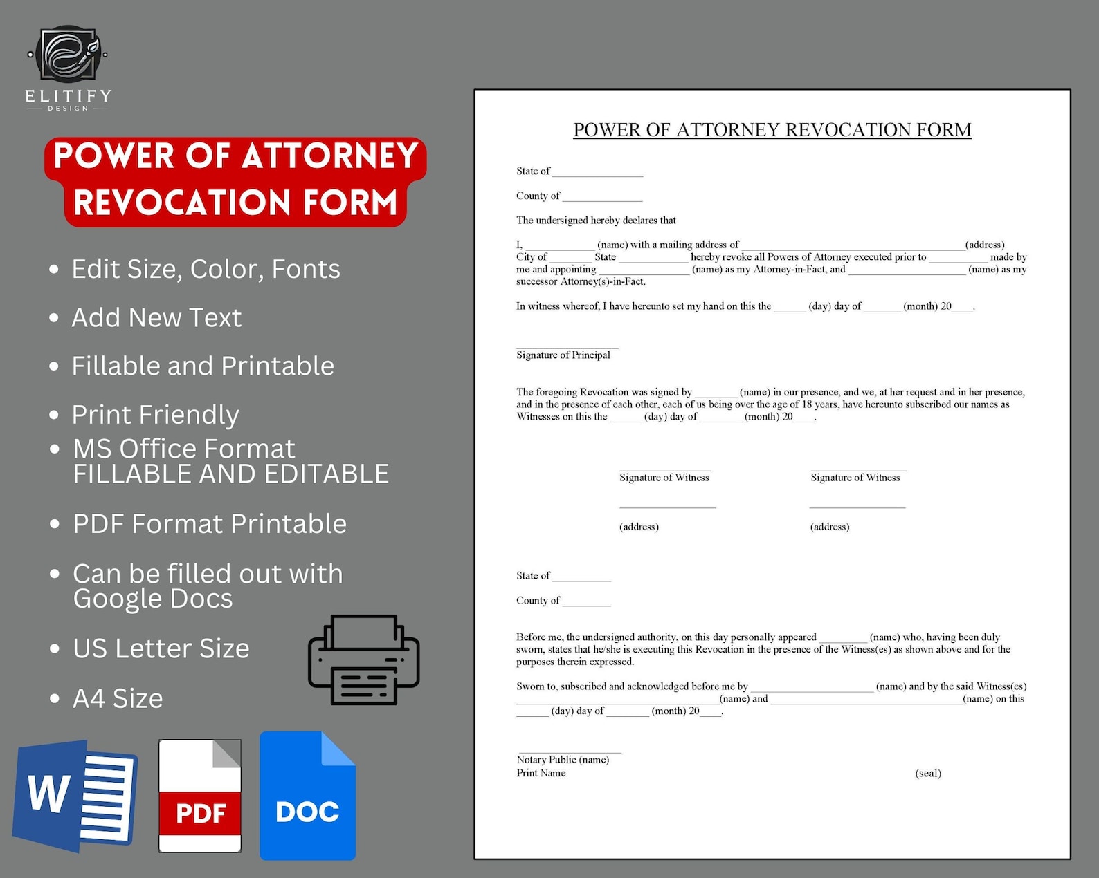 Power of Attorney Revocation Form. Word and Pdf Formats - Editable ...