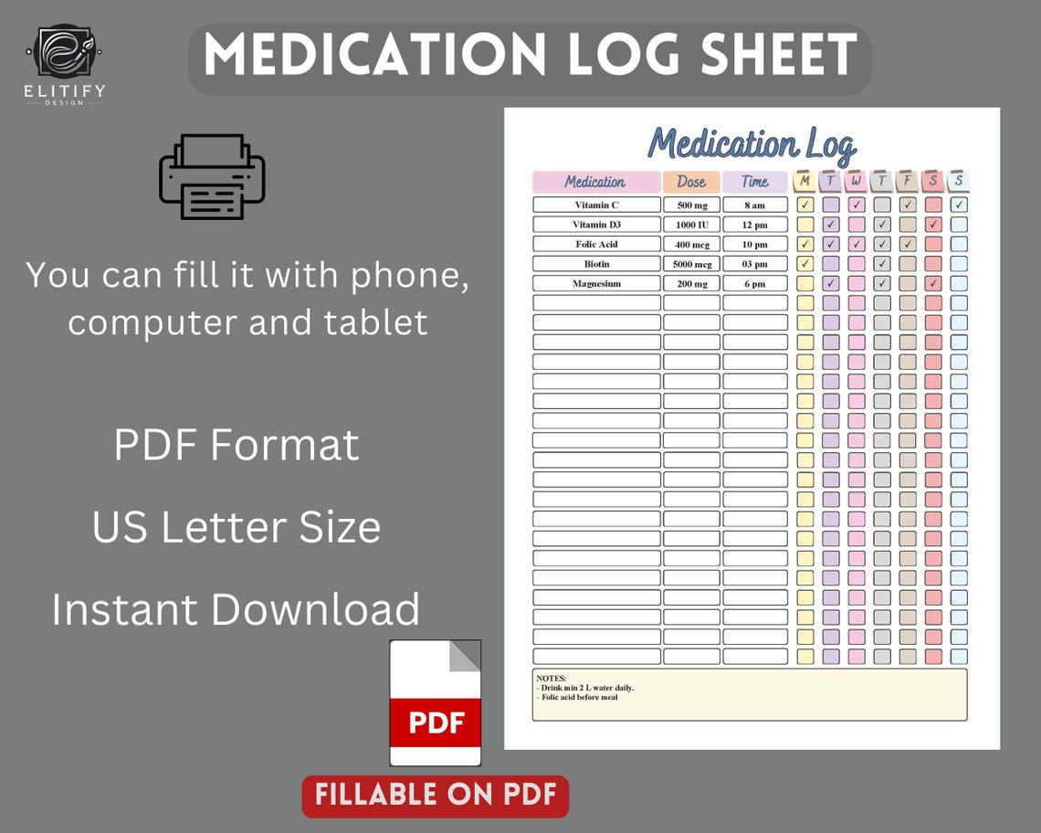 Printable Medication Log, Supplement Tracker (fillable PDF) - Etsy