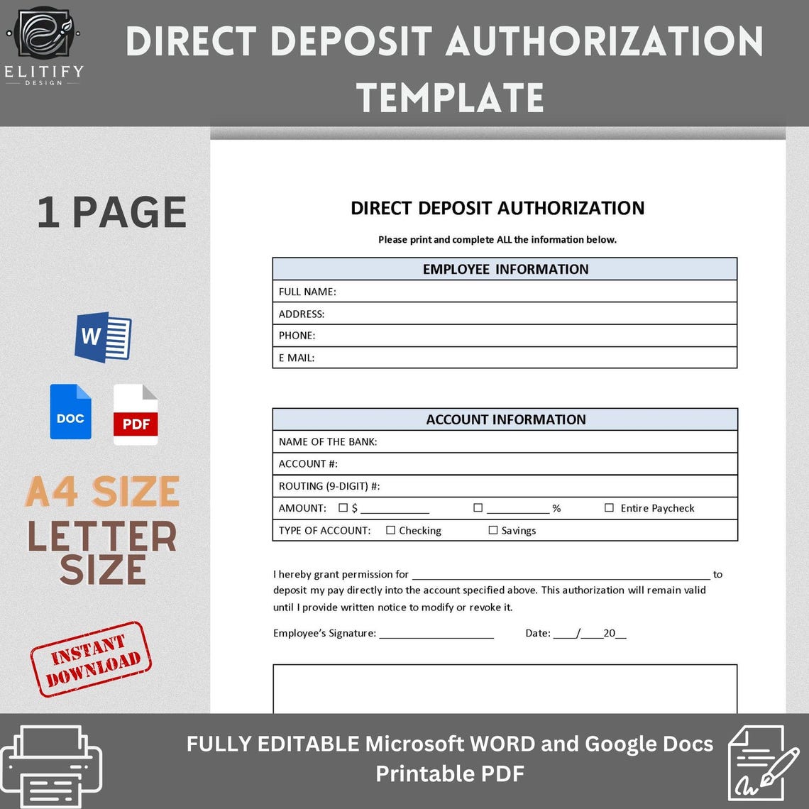 DIRECT DEPOSIT AUTHORIZATION Form Template / Printable and Editable ...