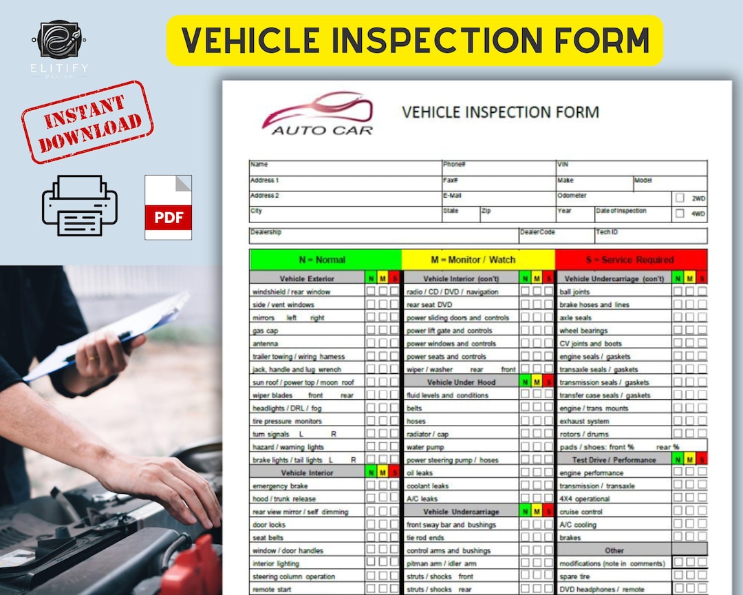 Vehicle Inspection Form – Printable PDF | Instant Download | Letter ...