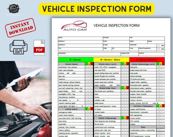 PDF Printable Vehicle Inspection Report, Used Vehicle Inspection Sheet ...
