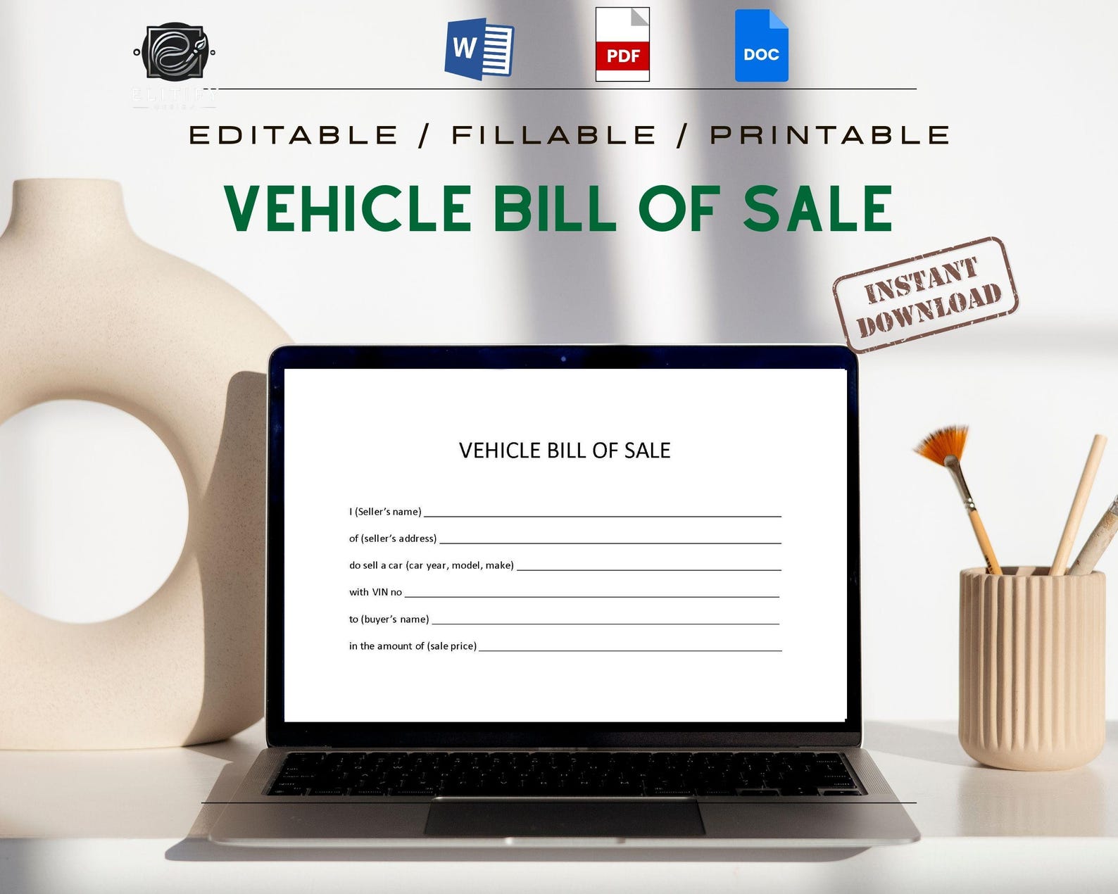 Vehicle Bill of Sale Template, Printable & Editable (PDF, Word) - Etsy