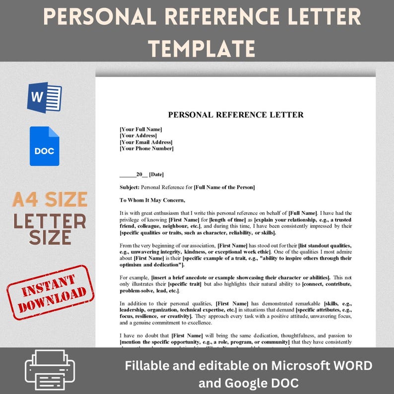 Personal Reference Letter Template, Editable Printable (digital ...