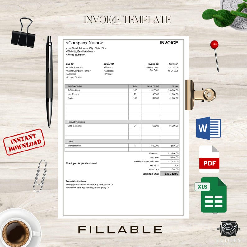 Invoice Template Editable.both in Excell and Word Format. Custom ...