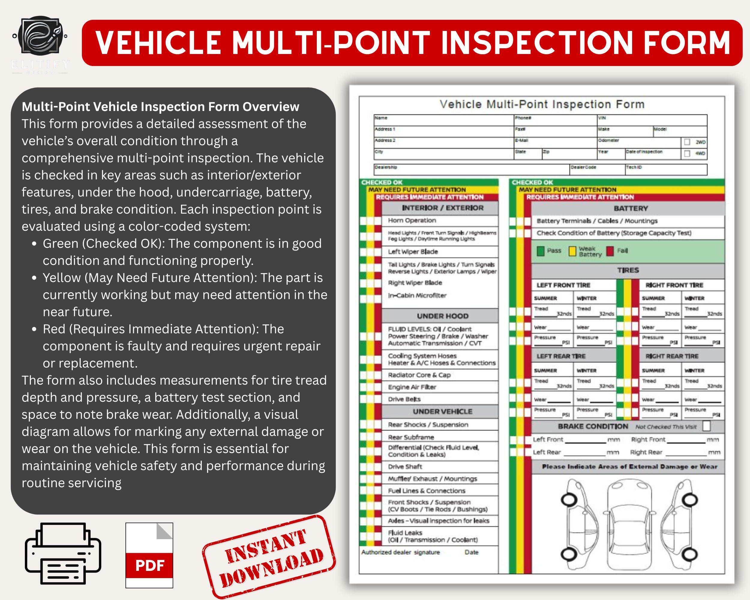Printable Vehicle Inspection Form Multi-point | Instant Download ...