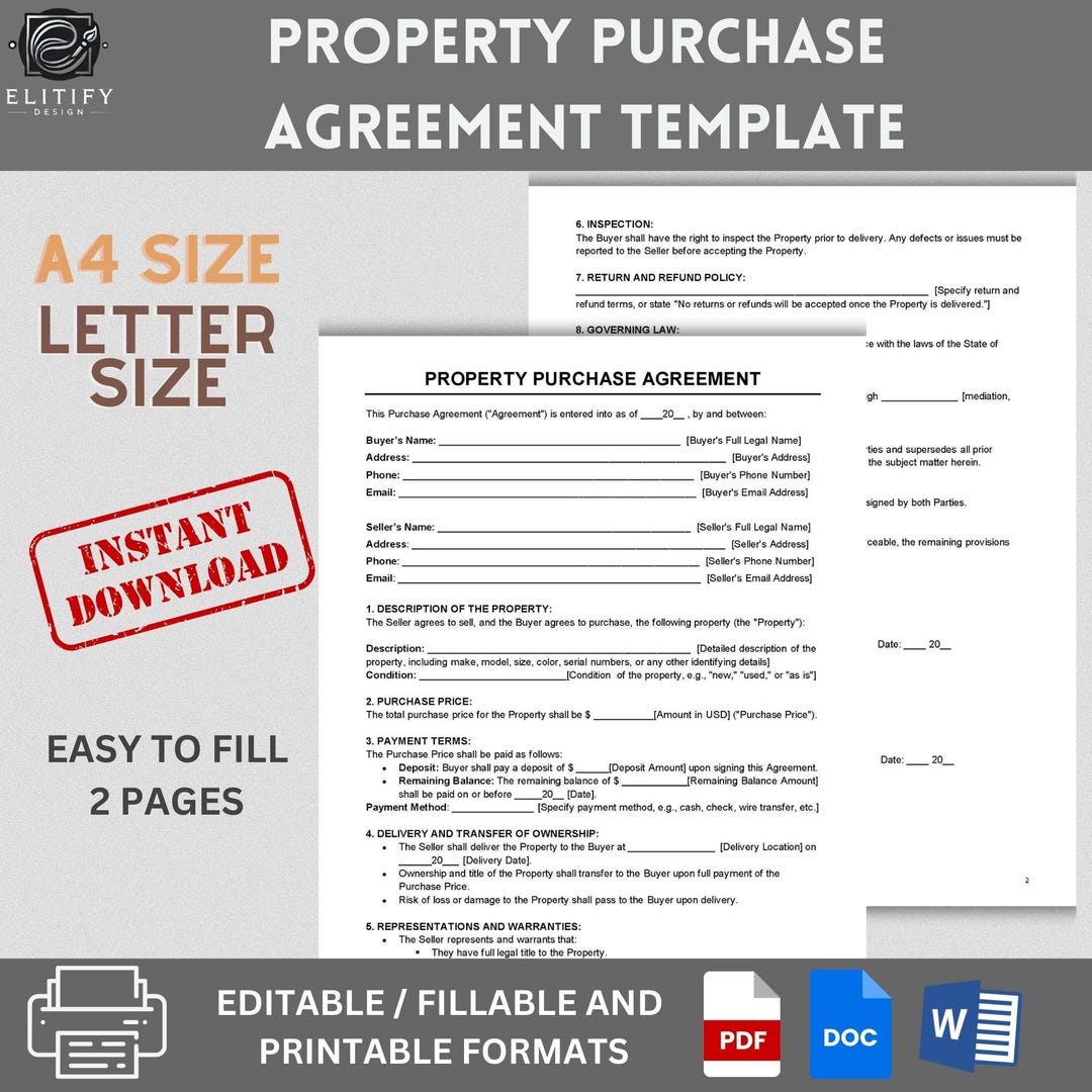 PROPERTY PURCHASE AGREEMENT Template / Editable, Fillable, Printable ...