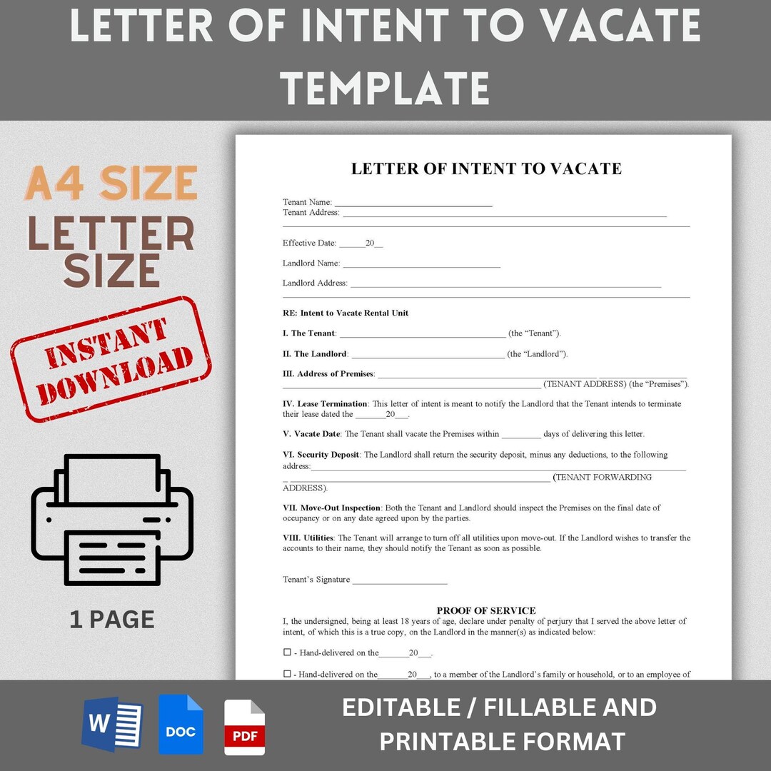 LETTER of INTENT to VACATE Template / Editable, Fillable, Printable ...