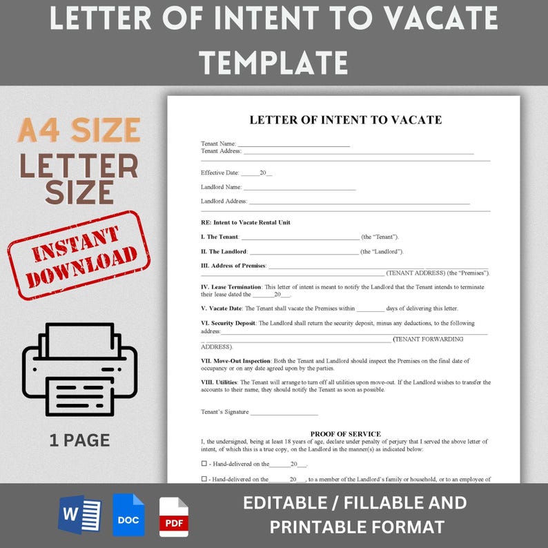 LETTER of INTENT to VACATE Template / Editable, Fillable, Printable Document Template - Etsy