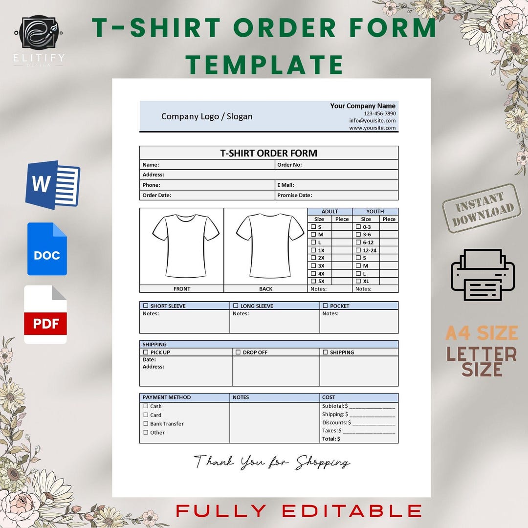 Tshirt Order Form Template / Editable, Printable Shirt Order Form ...
