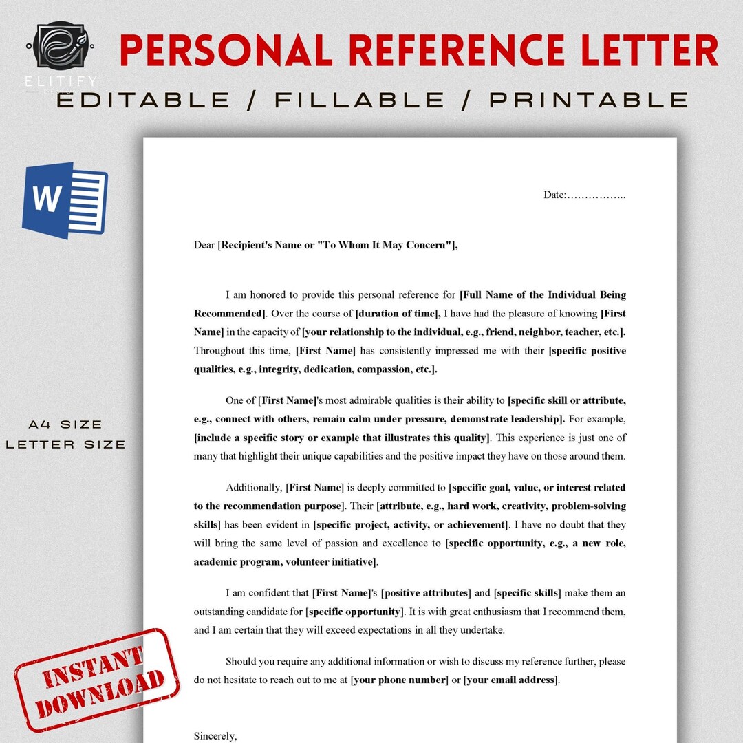 PERSONAL REFERENCE LETTER Template. Recommendation Letter Template ...