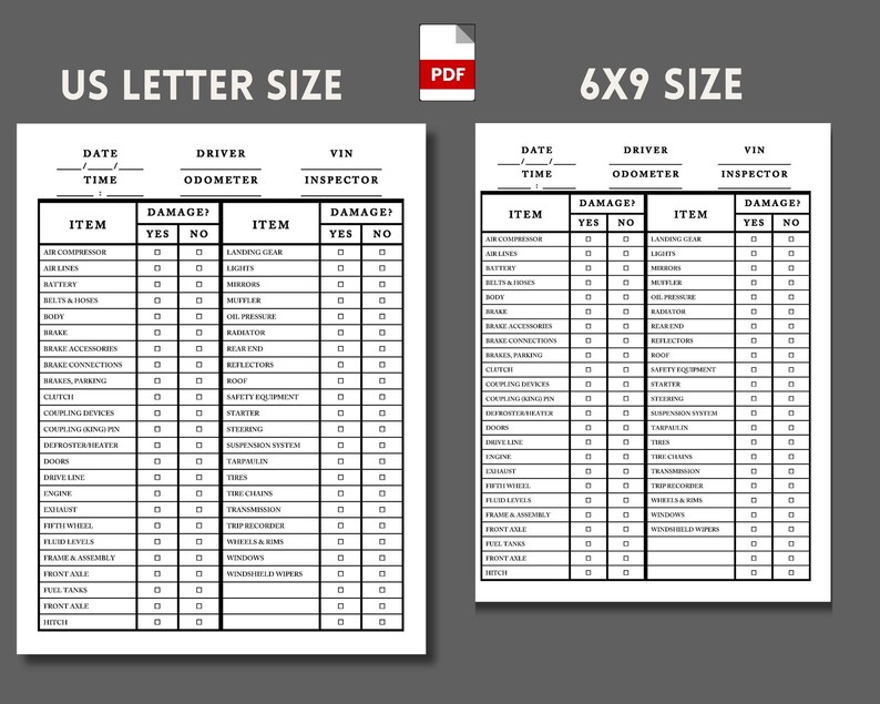 Vehicle Inspection Check List Template, Printable PDF File. Instant ...