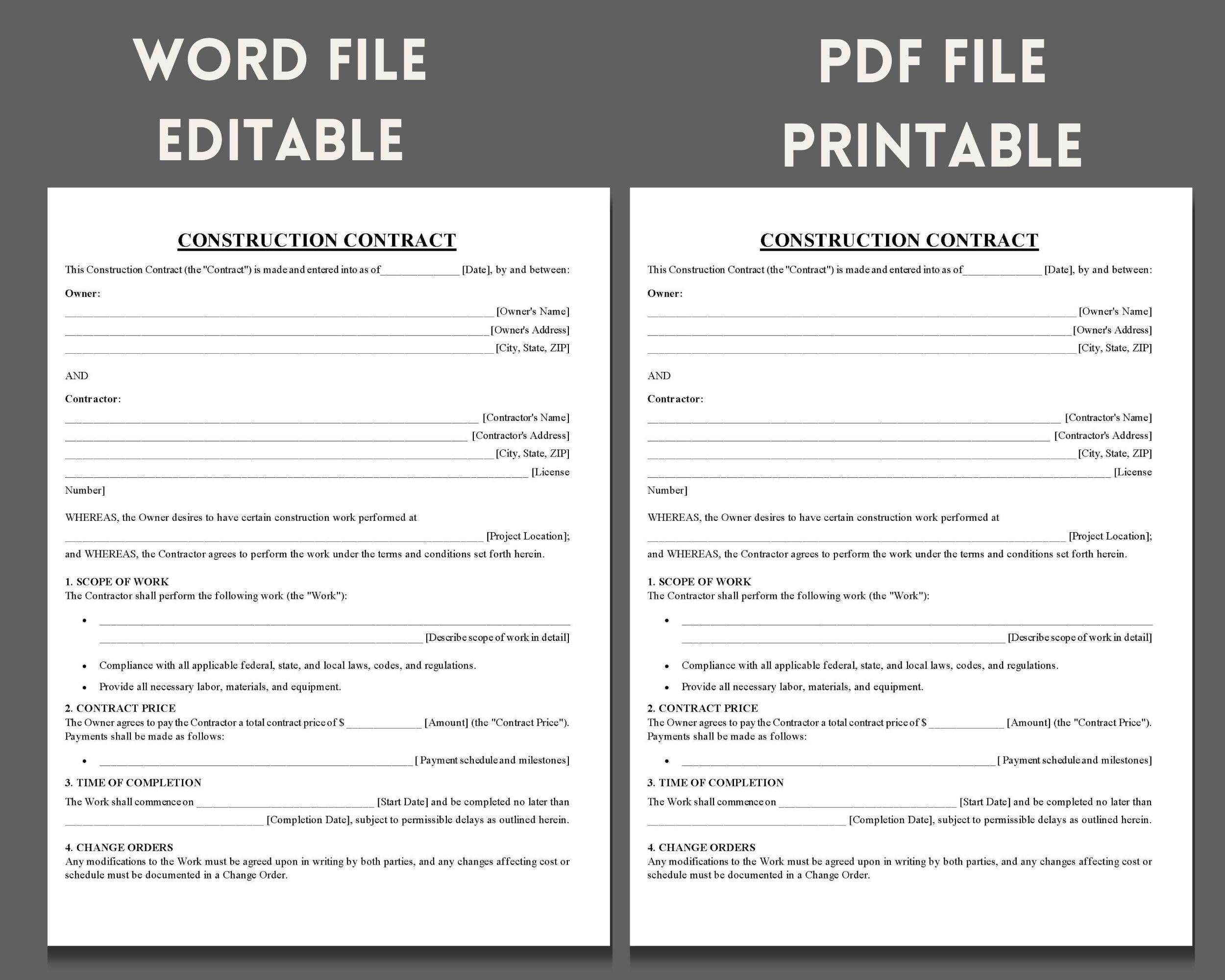 Construction Contract Template, Editable PDF, Google Docs, MS Word - Etsy