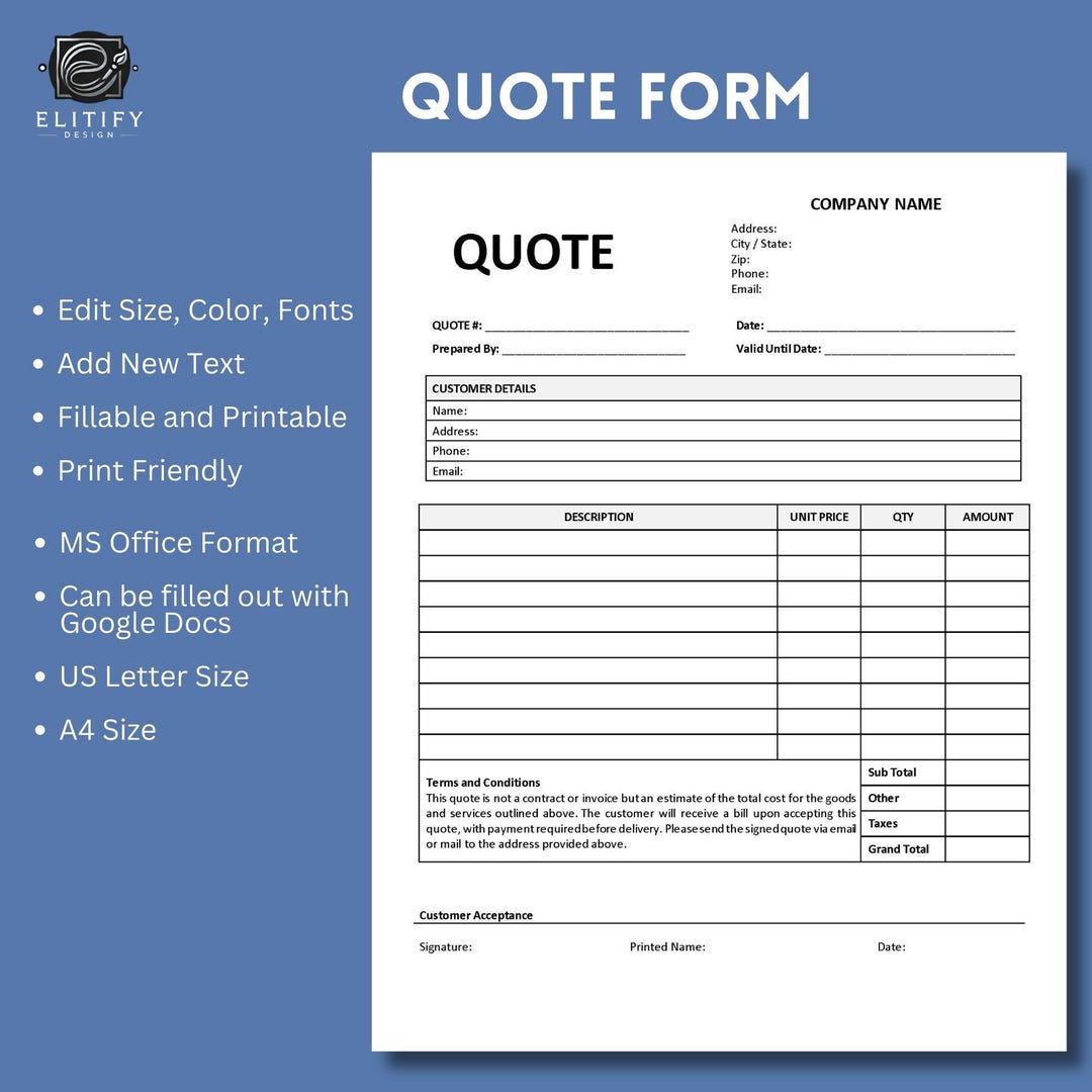 Editable Quote Form Template: Fillable Price Estimate (digital Download ...