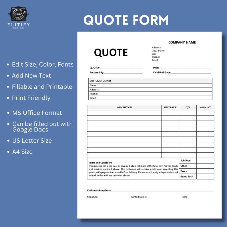 Quote Form . Fillable Tempate With Google Docs or Microsoft Word.job ...