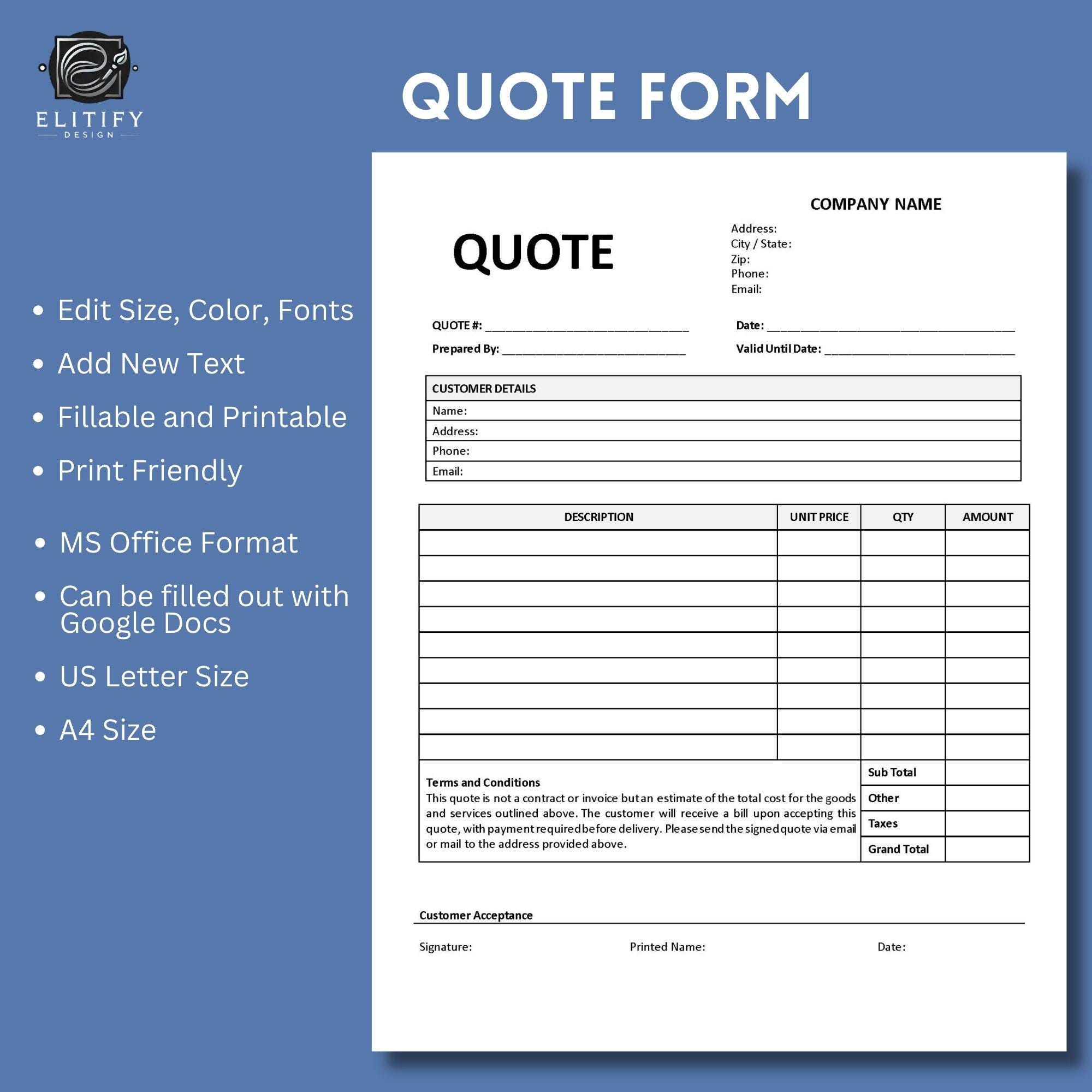 Quote Form . Fillable Tempate With Google Docs or Microsoft Word.job ...