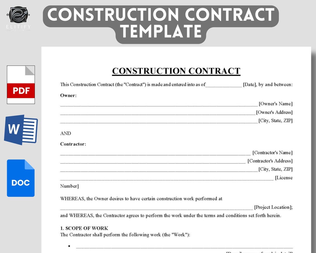 Construction Contract Template, Editable PDF, Google Docs, MS Word - Etsy