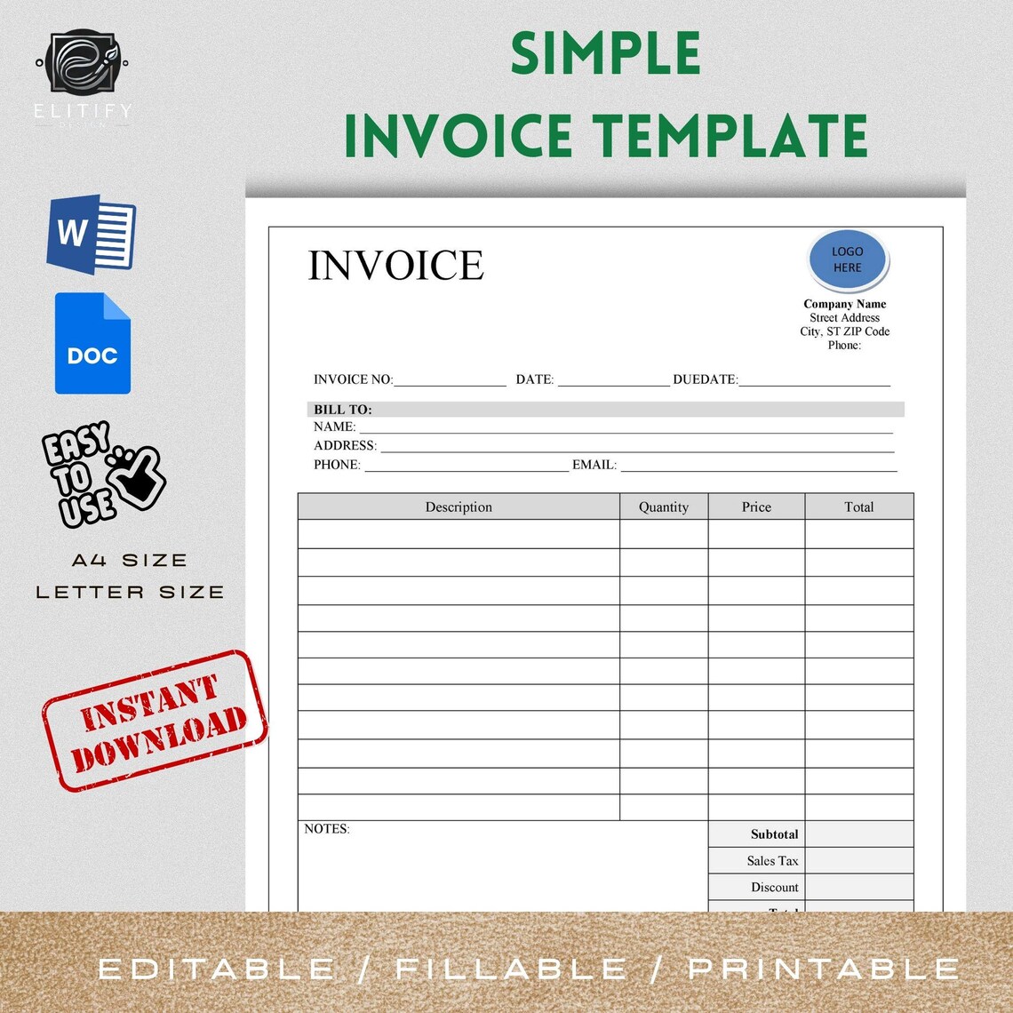 INVOICE TAMPLATE Editable / Fillable Format. Custom Invoice Form ...
