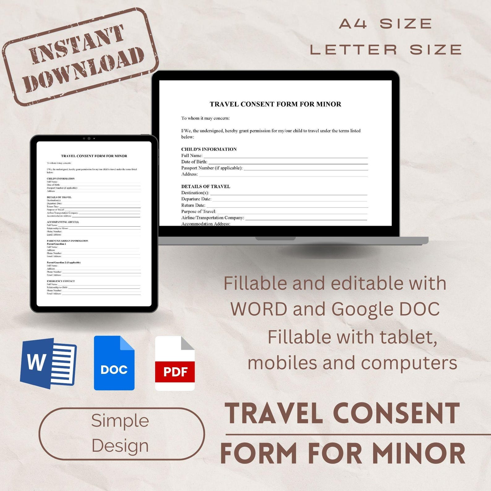 TRAVEL CONSENT FORM for Minor Template / Editable, Fillable, Printable ...