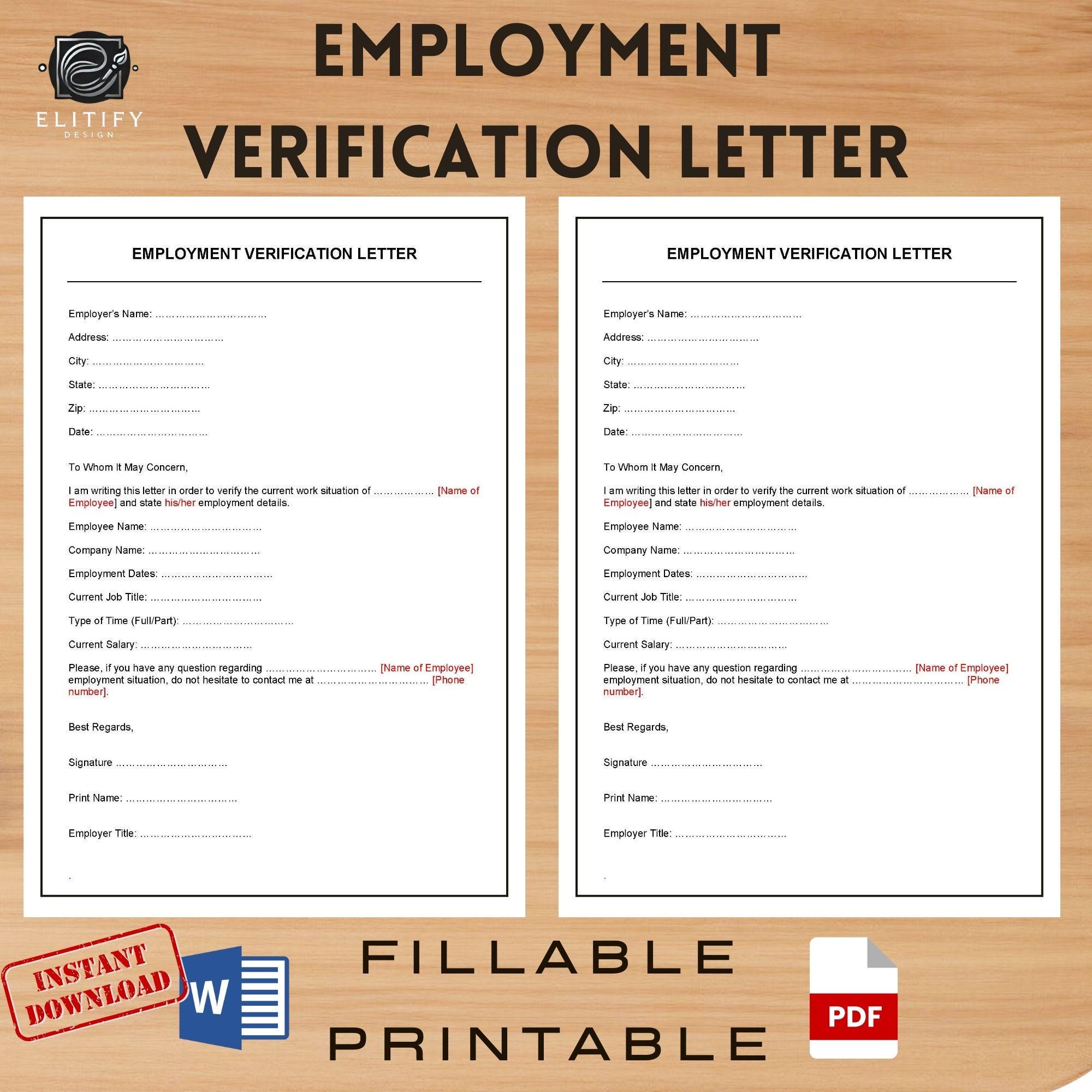 Fillable Employment Verification Letter Template (PDF & MS Word) - Etsy