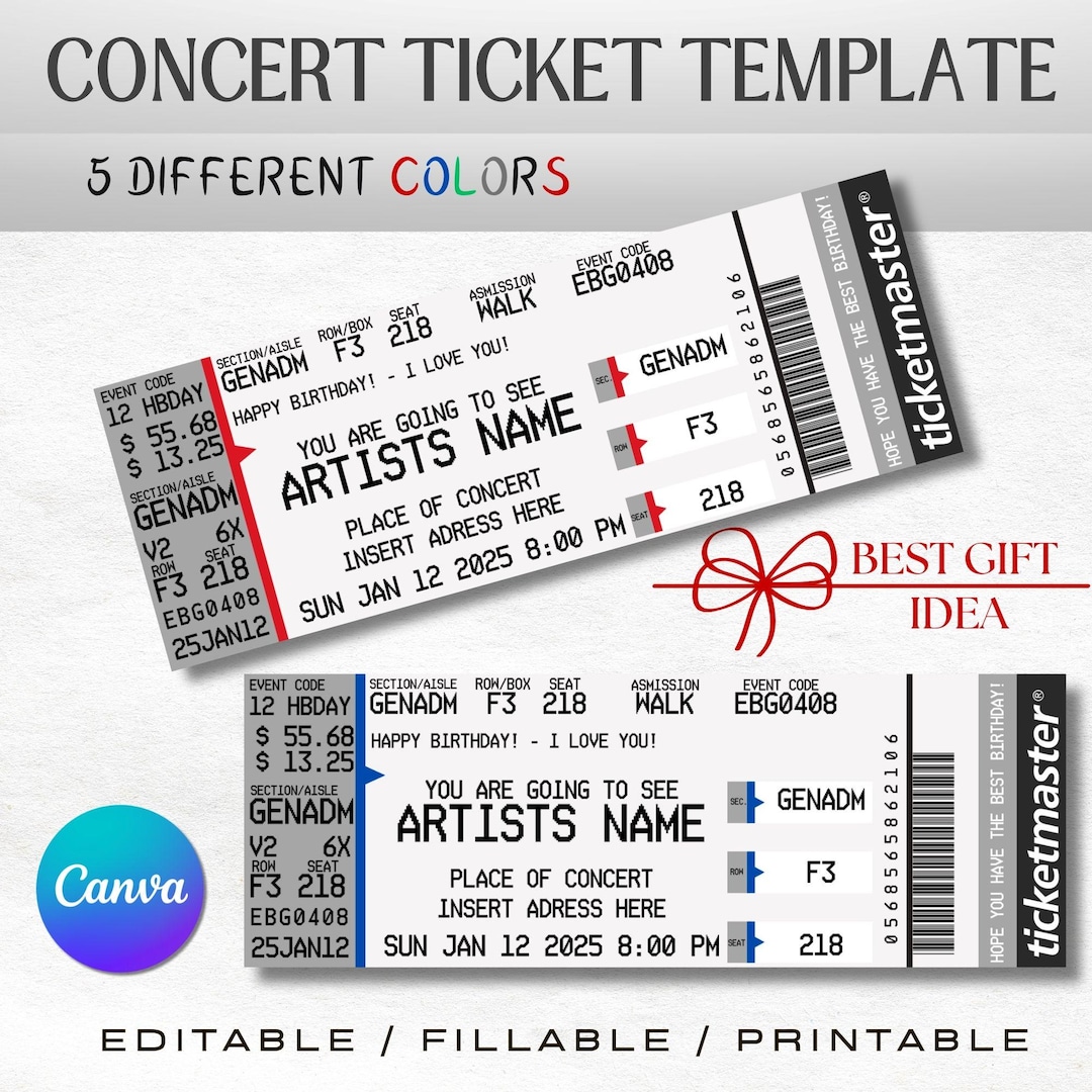 Gift TICKET TEMPLATE / Concert Ticket Template / Birthday Gift / Event ...