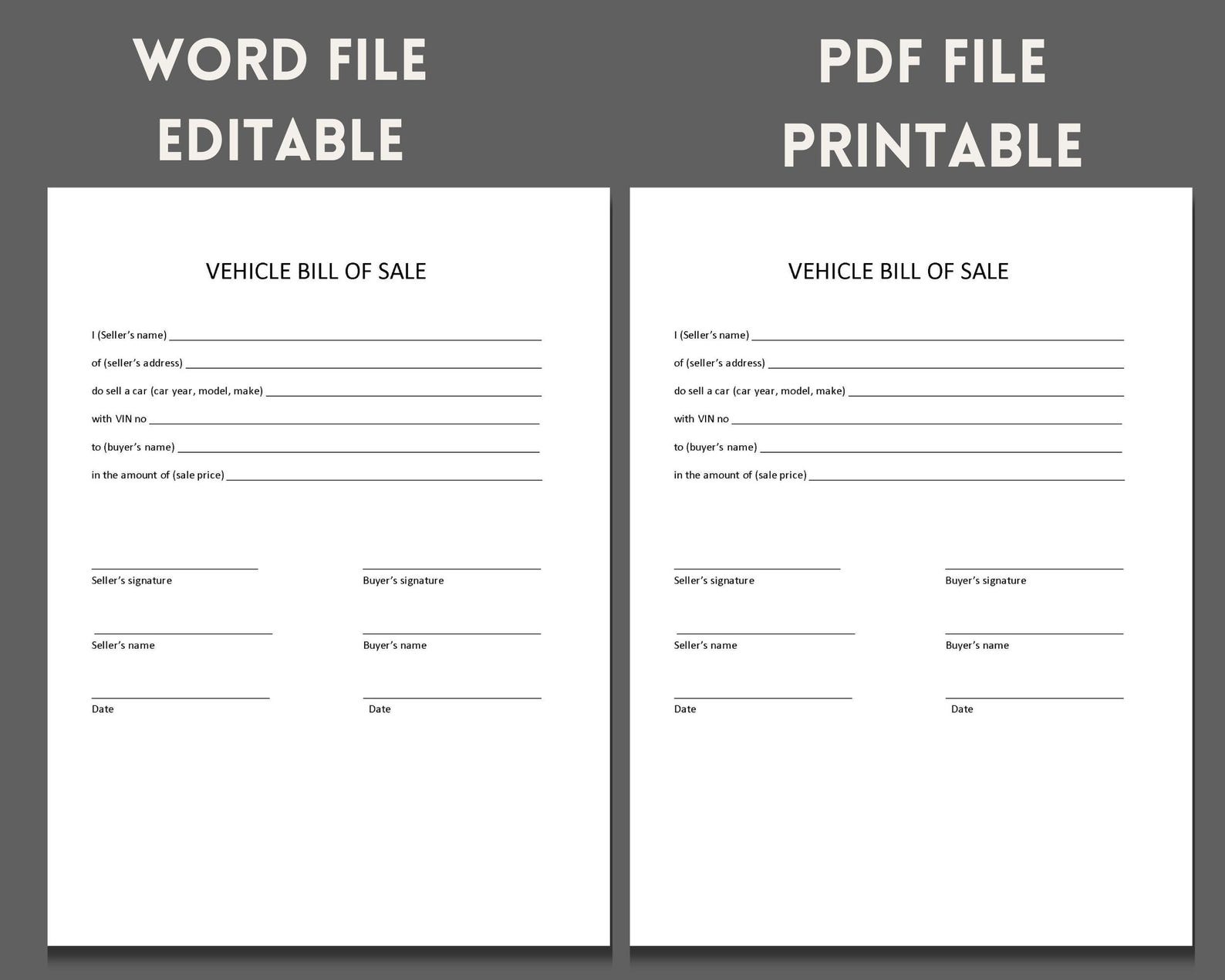 Vehicle Bill of Sale Template, Printable & Editable (PDF, Word) - Etsy
