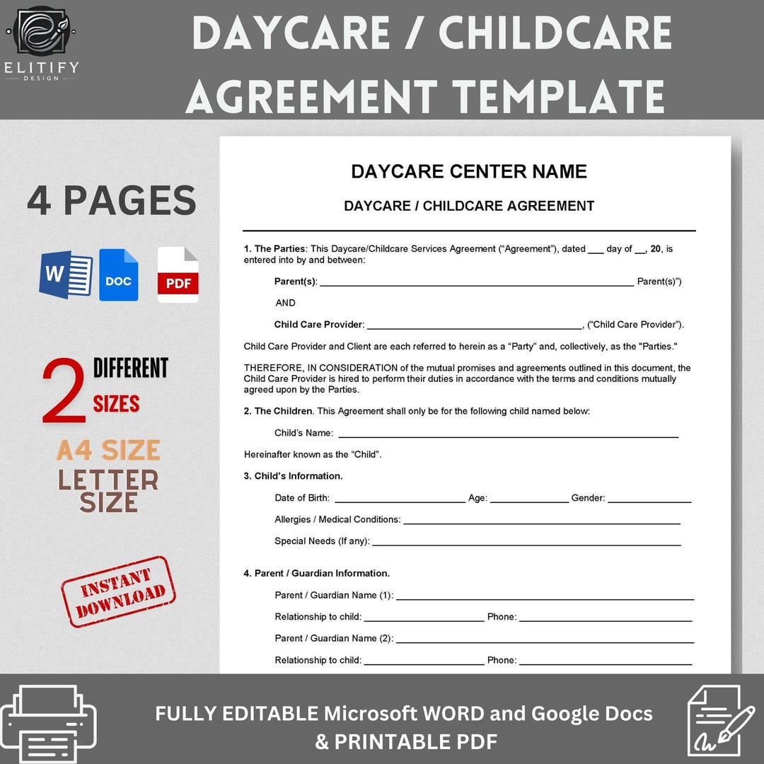 DAYCARE CHILDCARE AGREEMENT Template. Daycare Forms, Childcare Forms ...
