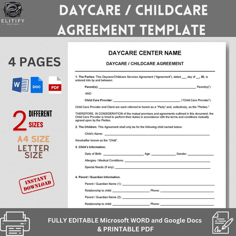 Daycare Childcare Agreement Template. Daycare Forms, Childcare Forms ...