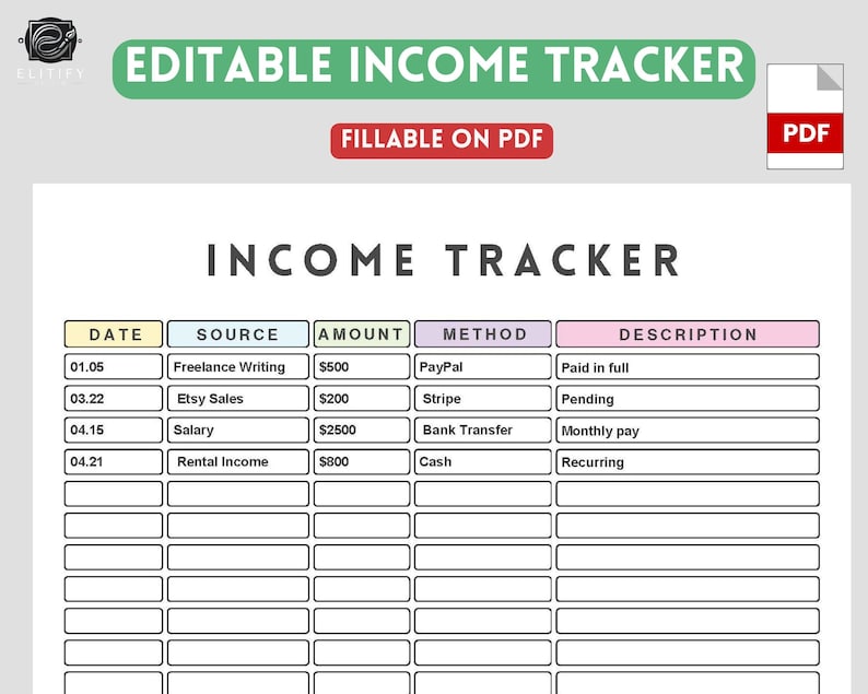 Editable Income Tracker. PDF Spreadsheet | Budget and Finance Planner ...