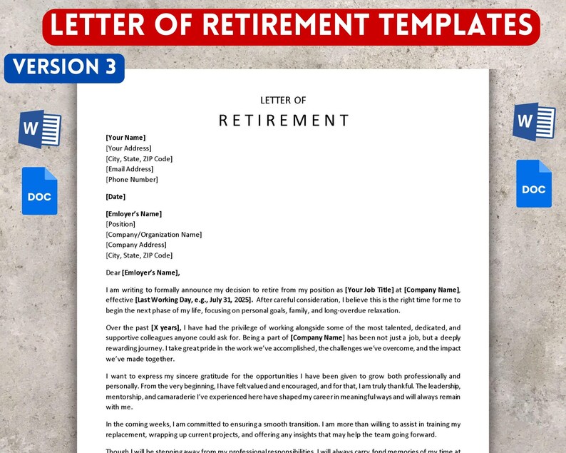 Retirement Letter Template: Editable, Fillable MS Word Document - Etsy