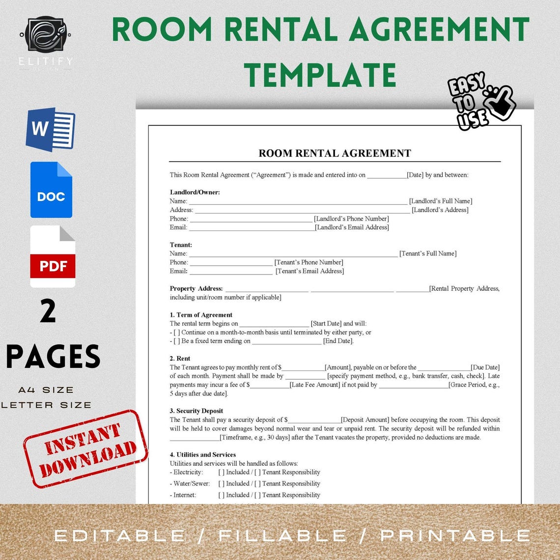 ROOM RENTAL AGREEMENT Template. 2 Pages Editable Room Tenancy Agreement ...
