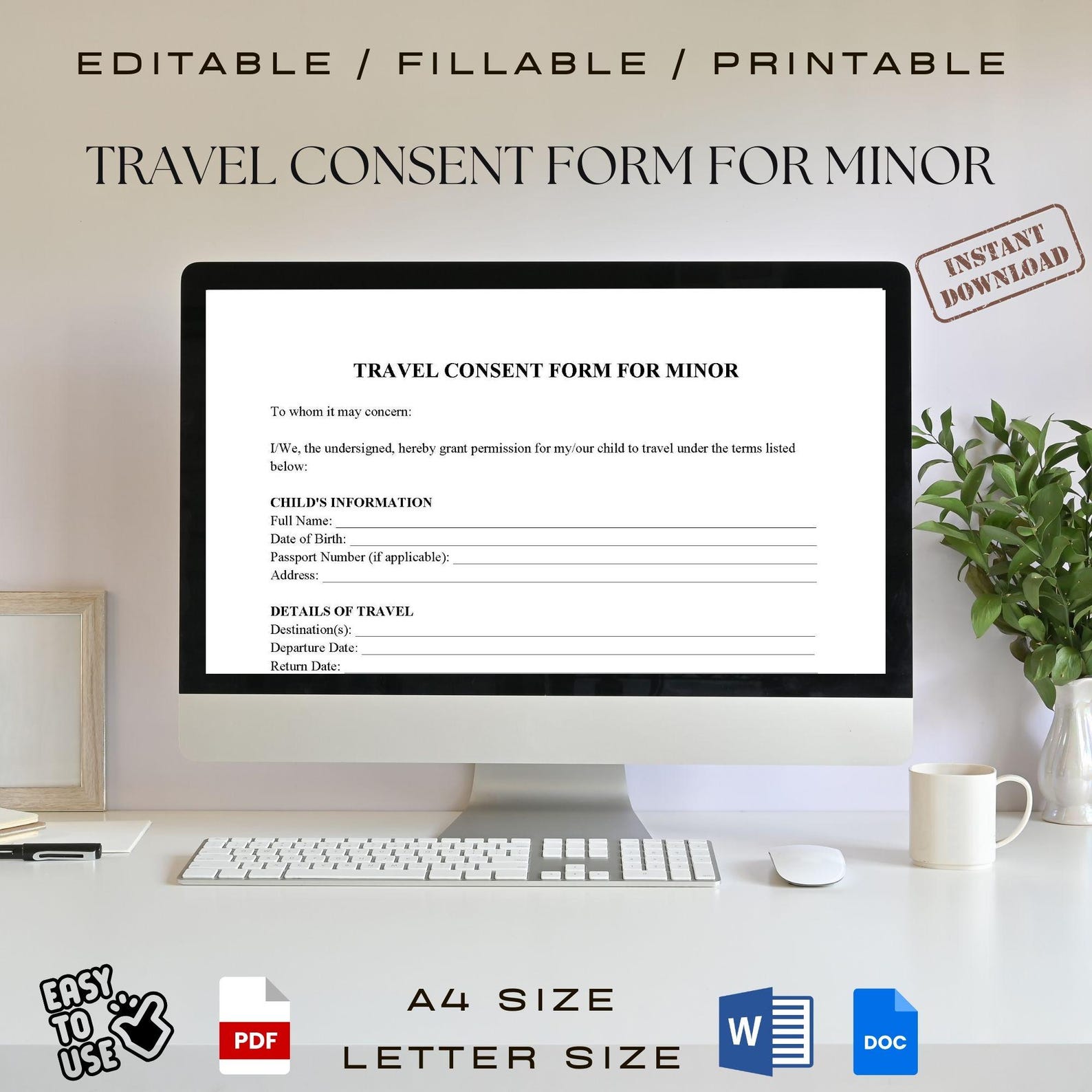 TRAVEL CONSENT FORM for Minor Template / Editable, Fillable, Printable ...