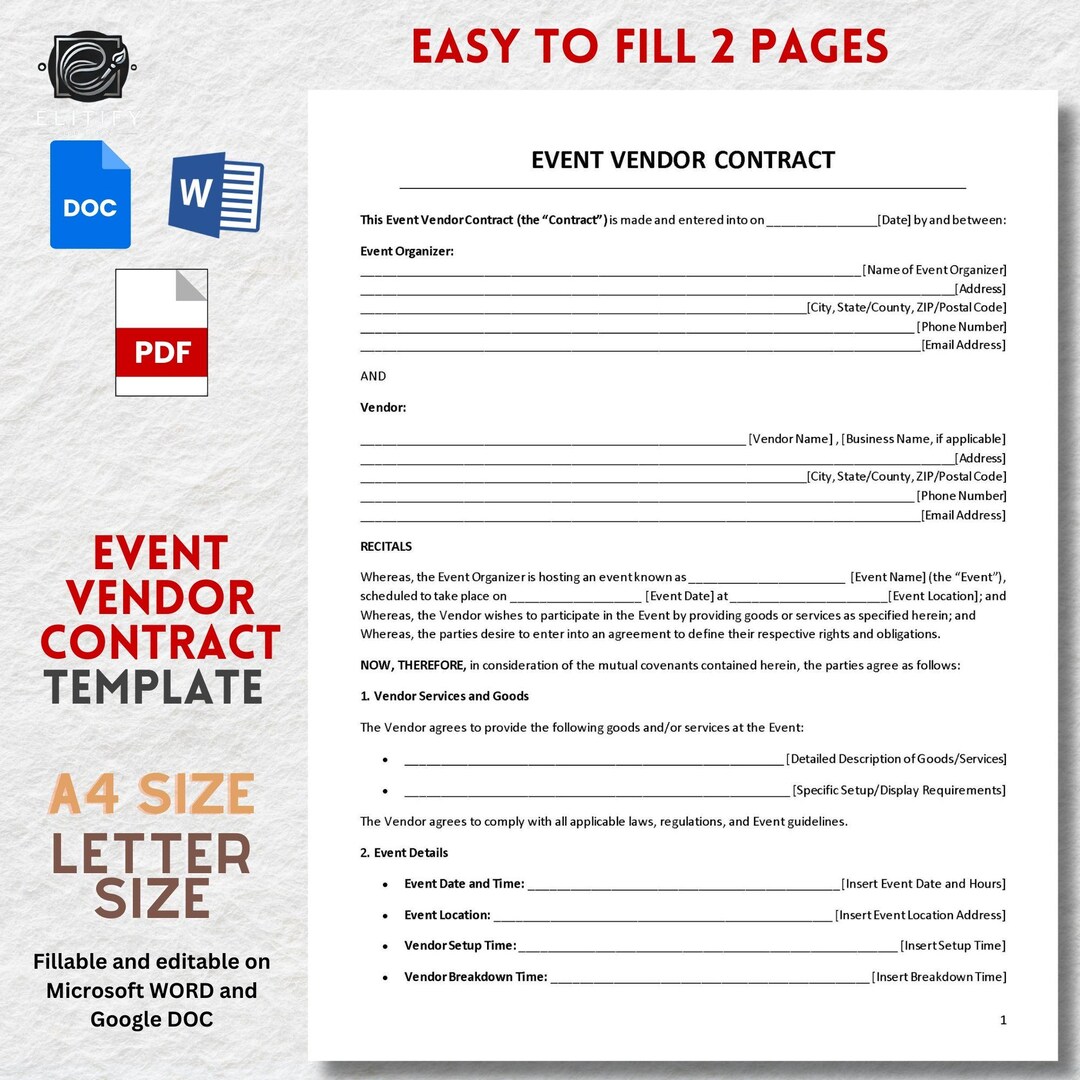 Event Vendor Contract Template. Printable Pdf and Ms Word Files. Easy ...