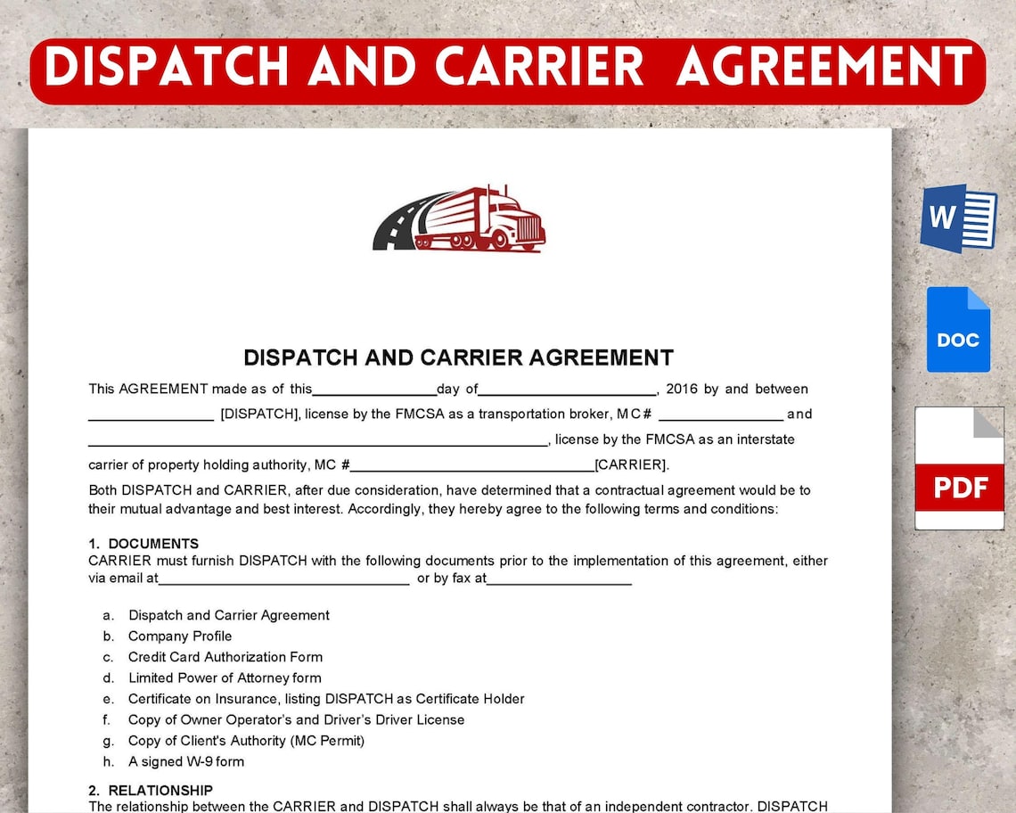 Dispatcher and Carrier Agreement Editable and Fillable Files. - Etsy