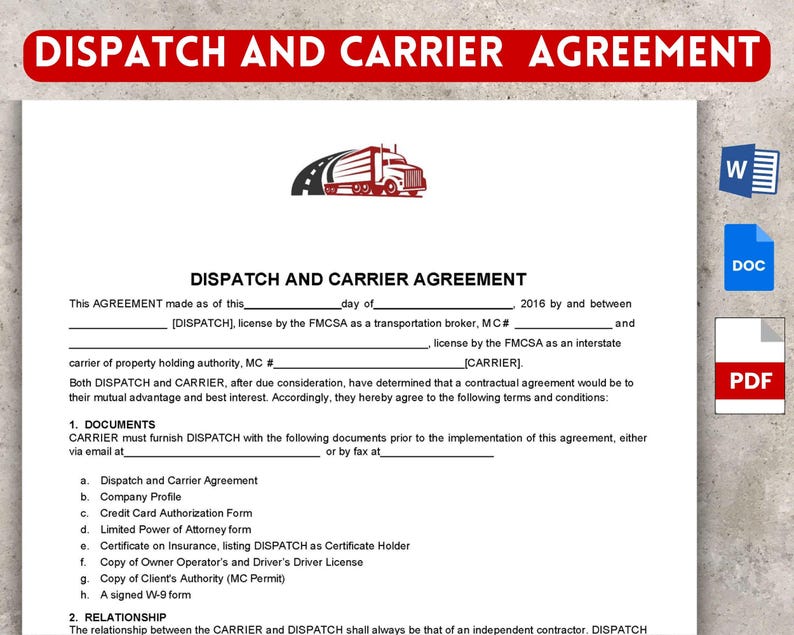 Dispatcher and Carrier Agreement Editable and Fillable Files. - Etsy