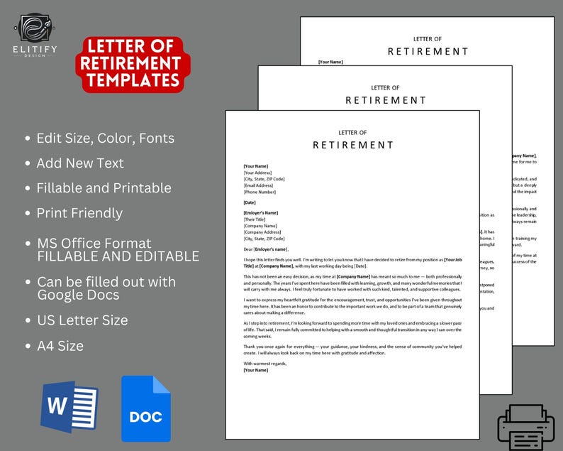 Retirement Letter Template: Editable, Fillable MS Word Document - Etsy