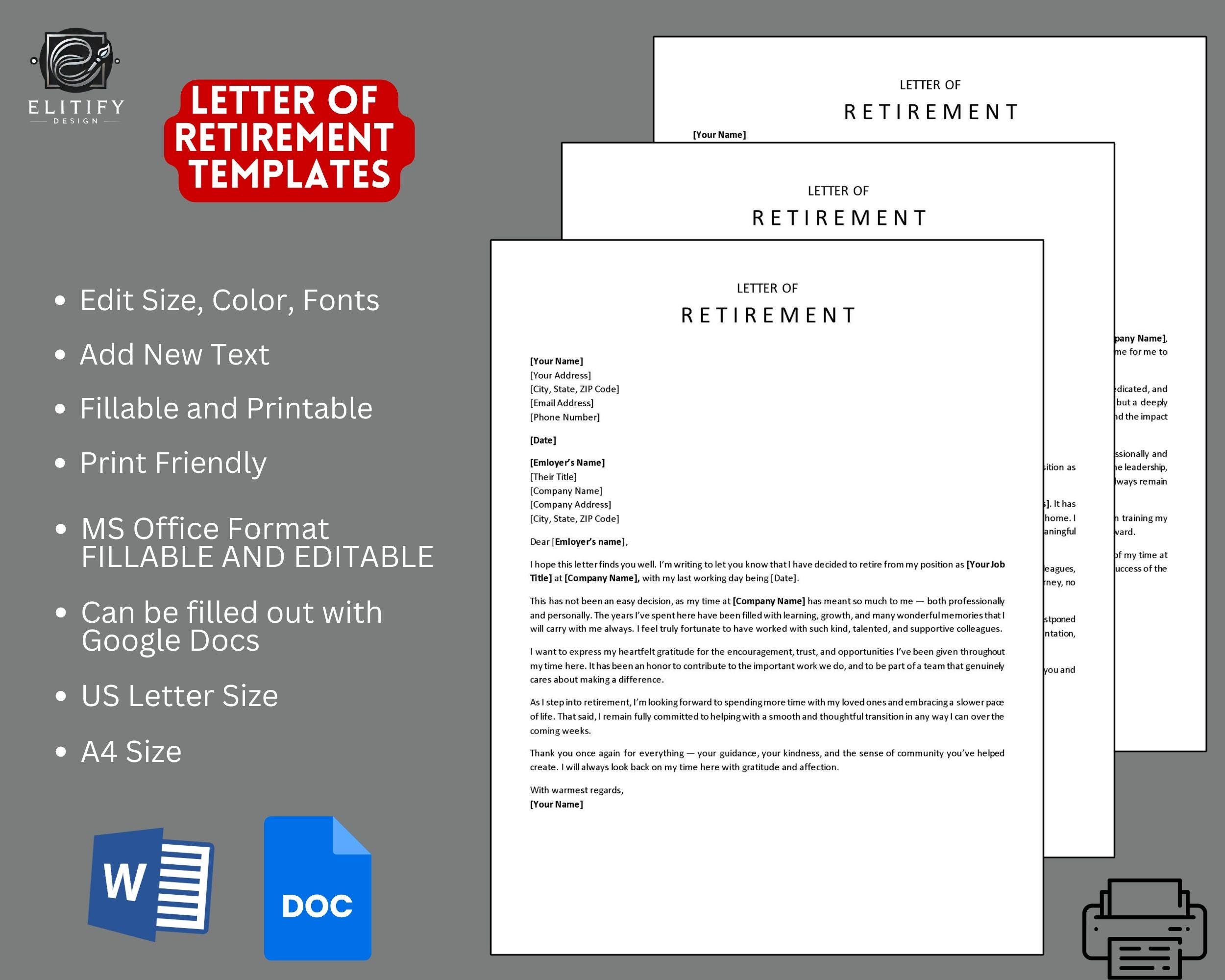 Retirement Letter Template: Editable, Fillable MS Word Document - Etsy