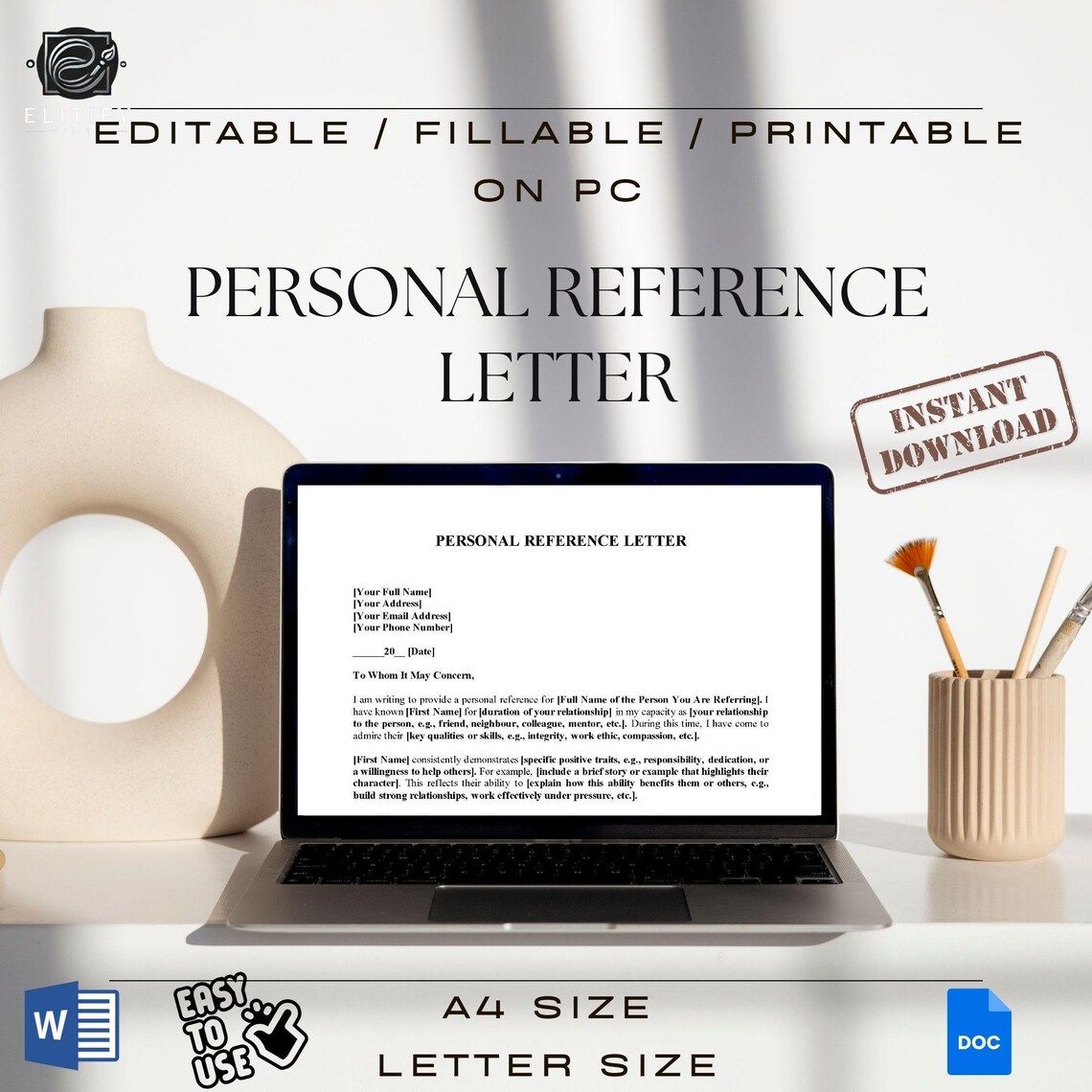 Personal Reference Letter Template, Editable Fillable Printable ...