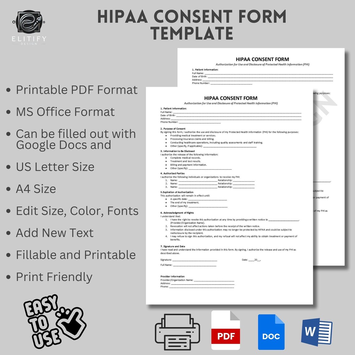 HIPAA CONSENT FORM Template / Medical Consent Notice of Privacy ...