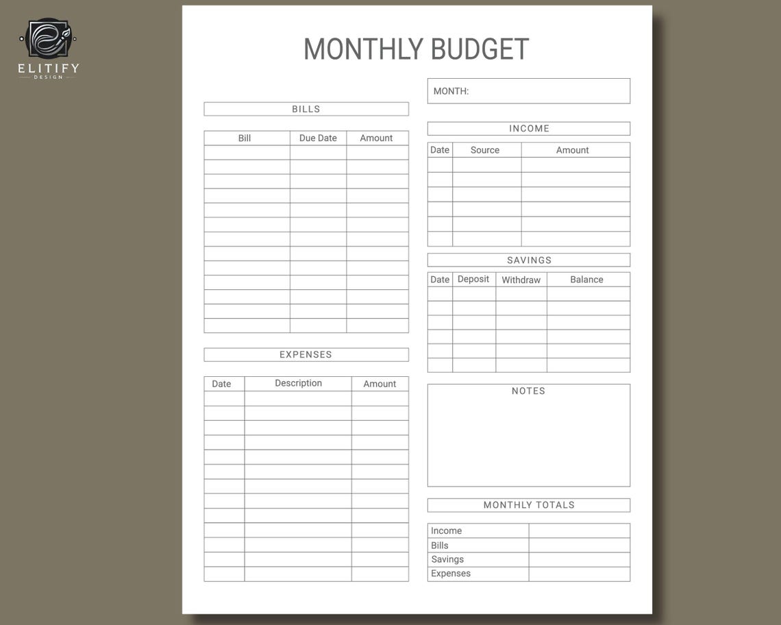 Monthly Budget Sheet - Printable PDF File. Budgeting Template. Money ...