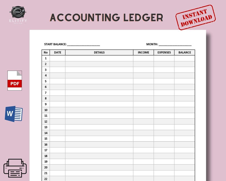 Accounting Ledger Sheet, Expense Tracker (printable PDF & MS Word) - Etsy