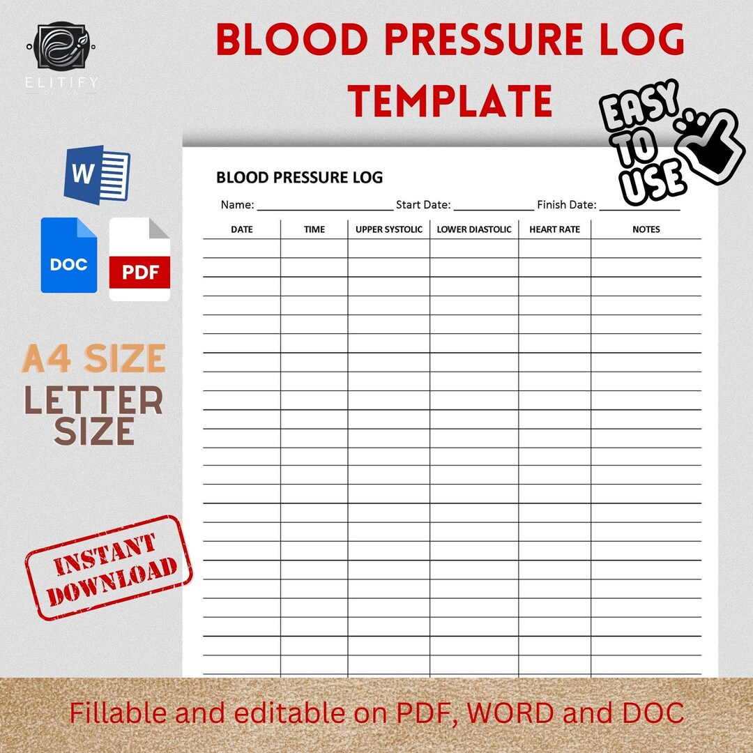 BLOOD PRESSURE LOG Template / Editable Fillable Printable. Fillable on ...