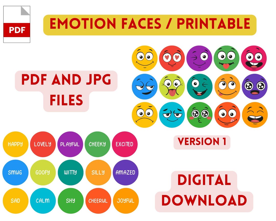 Printable Emotion Faces. PDF and JPG Formats. High Quality Images. - Etsy