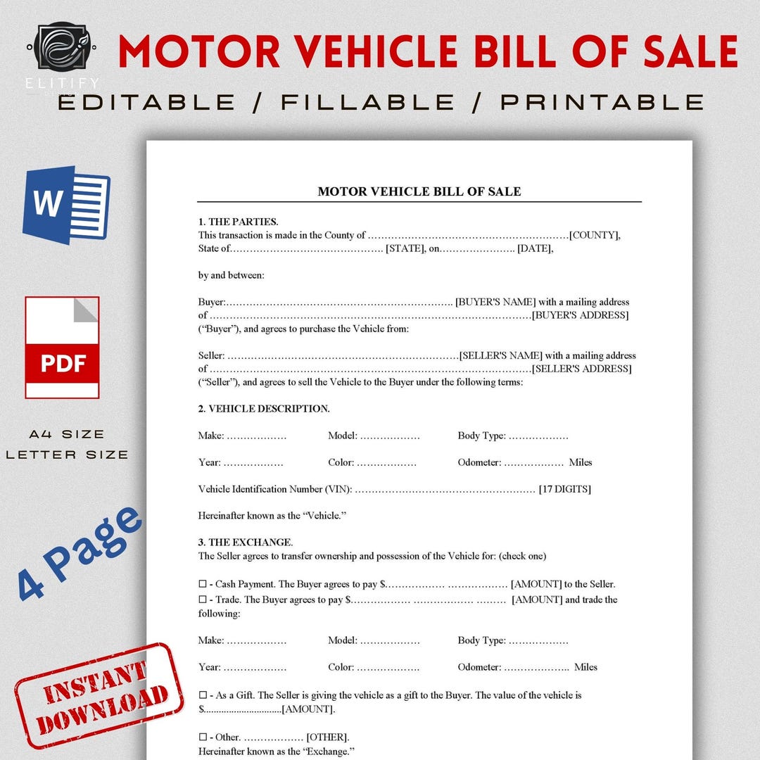 Motor Vehicle Bill of Sale Document. Editable, Fillable and Printable ...