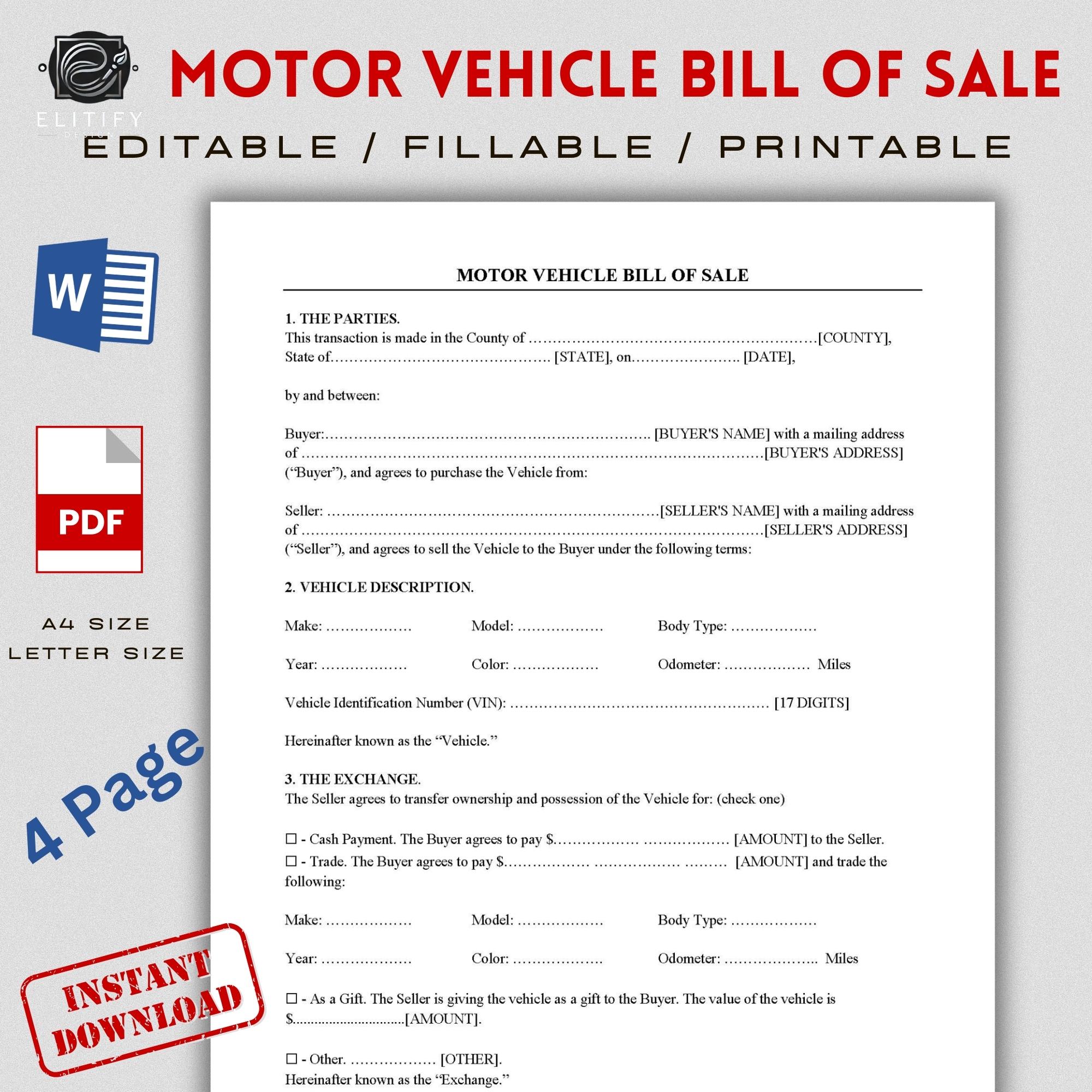 Motor Vehicle Bill of Sale Template, Editable Car Sale Agreement (PDF ...