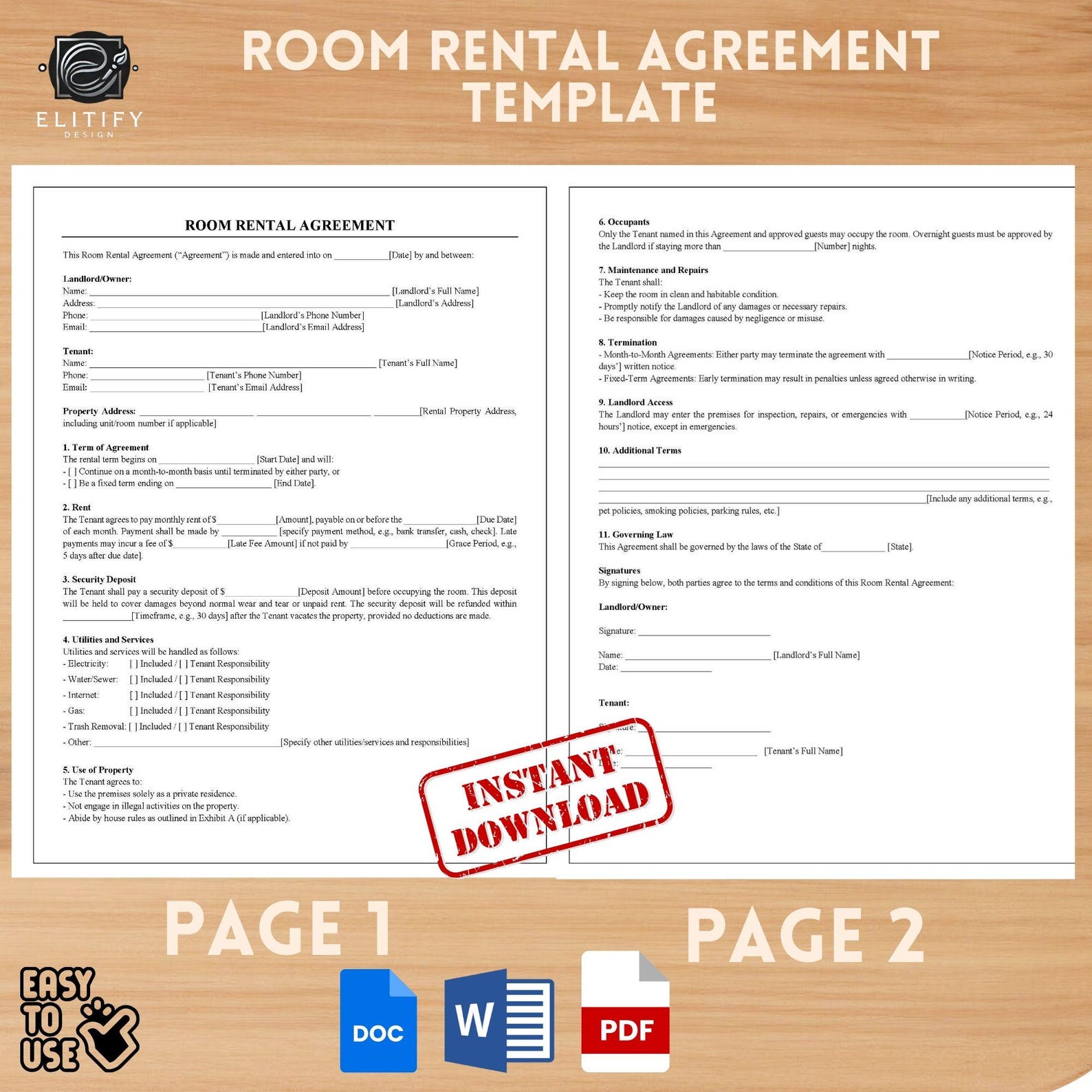 ROOM RENTAL AGREEMENT Template. 2 Pages Editable Room Tenancy Agreement ...