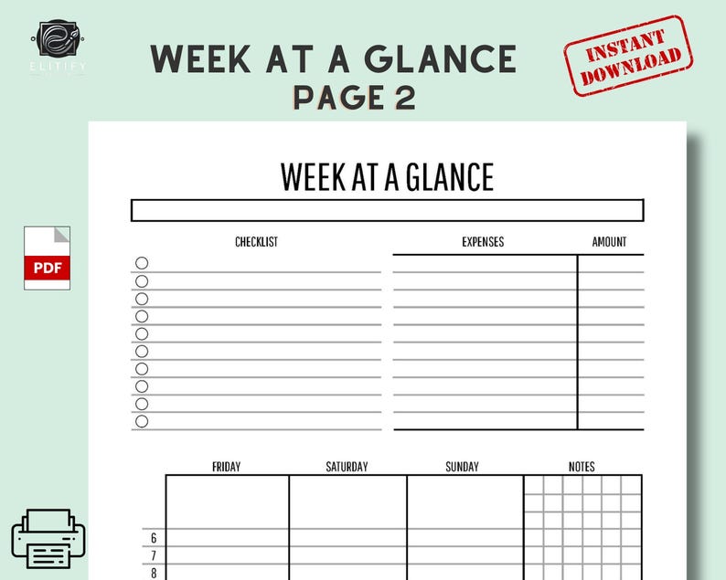 Week at a Glance Printable Template. US Letter Size, Weekly Schedule ...