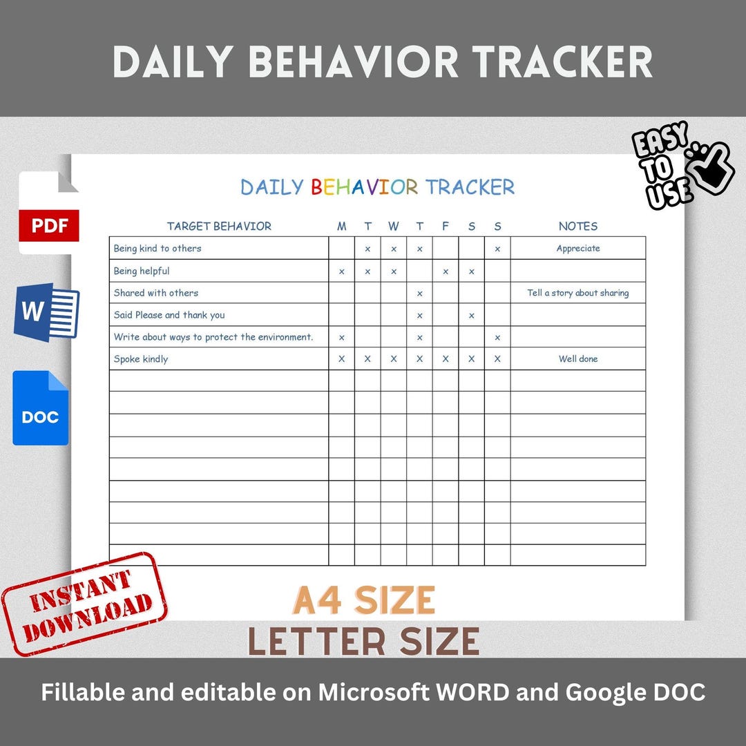 DAILY BEHAVIOR TRACKER Reward Chart for Kids Printable, Editable, Good ...