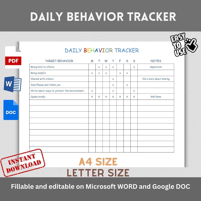 Kids Daily Behavior Tracker, Printable Reward Chart (editable, Fillable ...