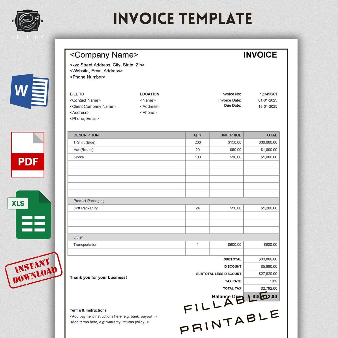 Invoice Template Editable.both in Excell and Word Format. Custom ...